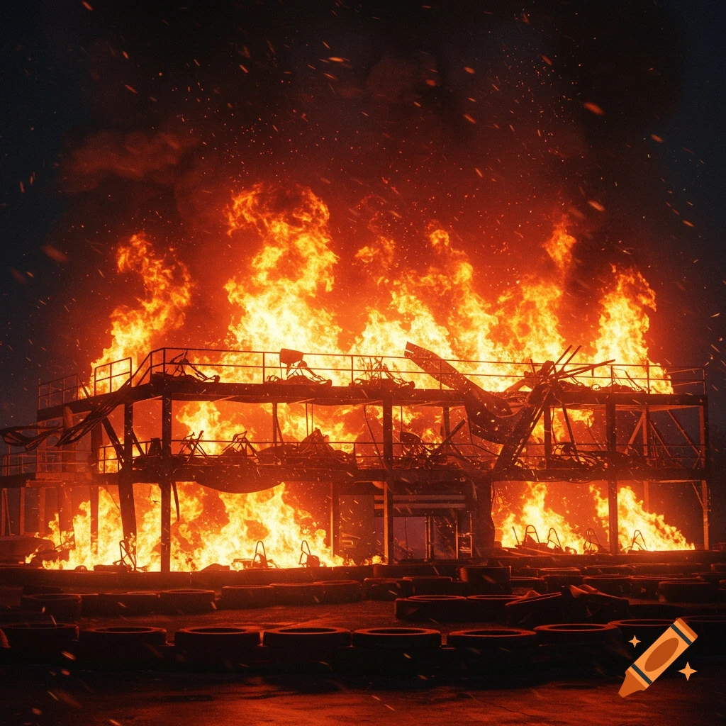 Large building exploding in a fiery blast with debris flying on Craiyon