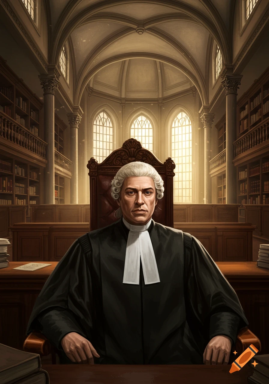 A stern-looking judge in a black robe and white wig sits at a wooden ...