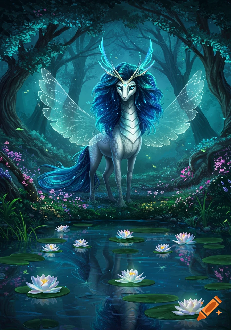 An ethereal blue-maned creature with antlers and transparent wings ...