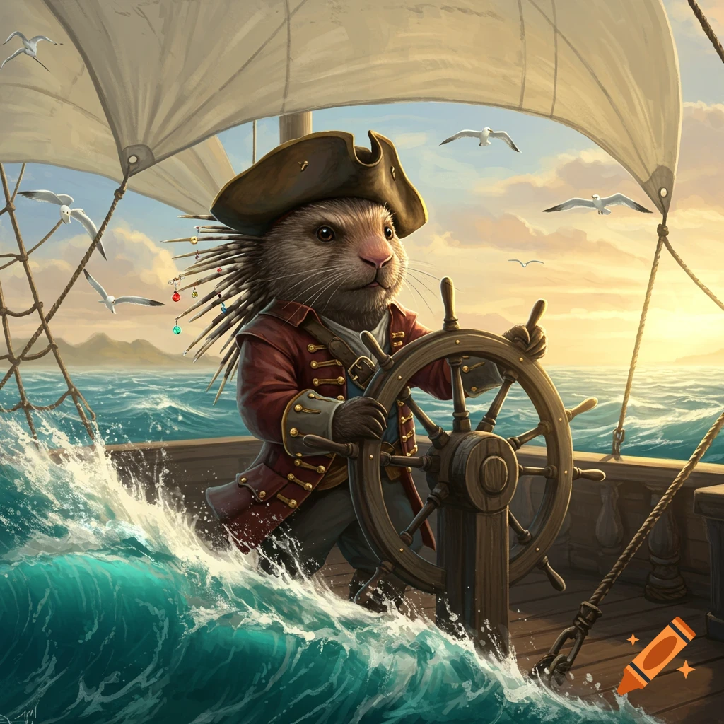 An anthropomorphic porcupine pirate captain steers a ship through ...