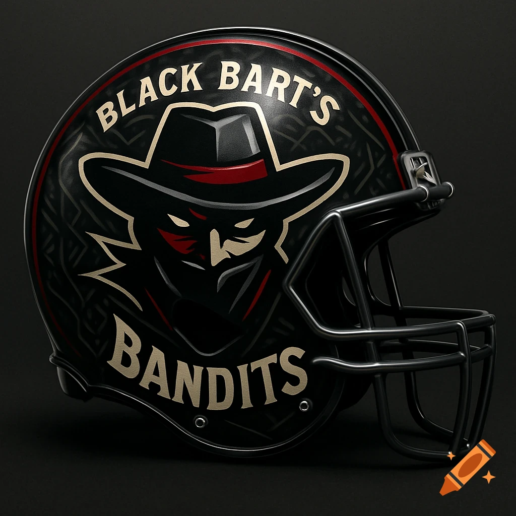 A black football helmet with a red and gold logo featuring a bandit ...