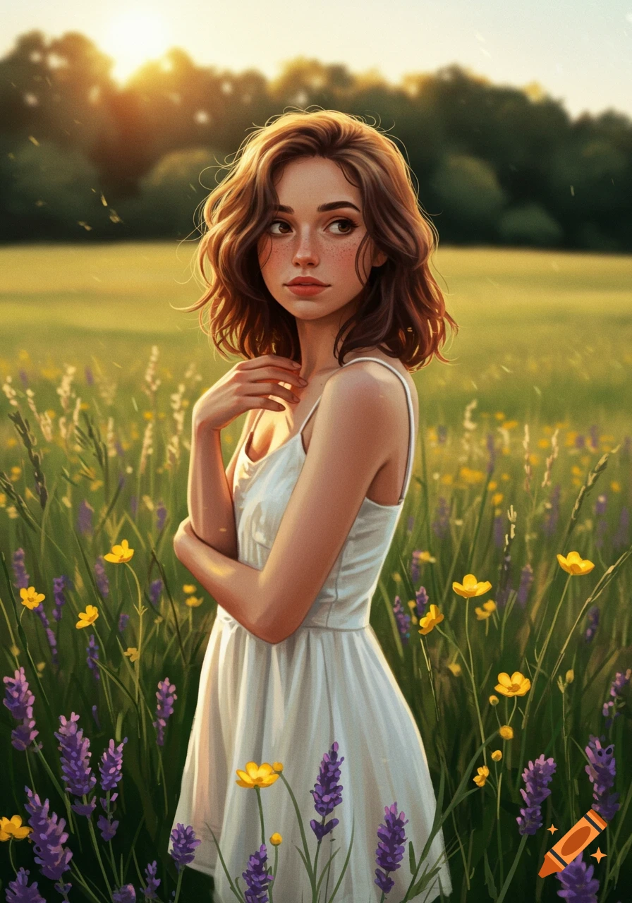 A stylized girl with curly brown hair on one side and a braid on the ...