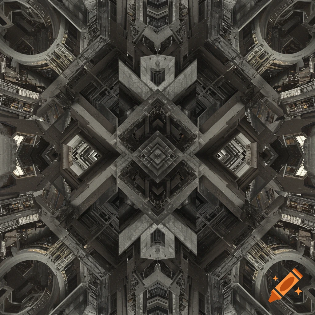 A dark, symmetrical abstract pattern composed of intricate architectural structures and ...