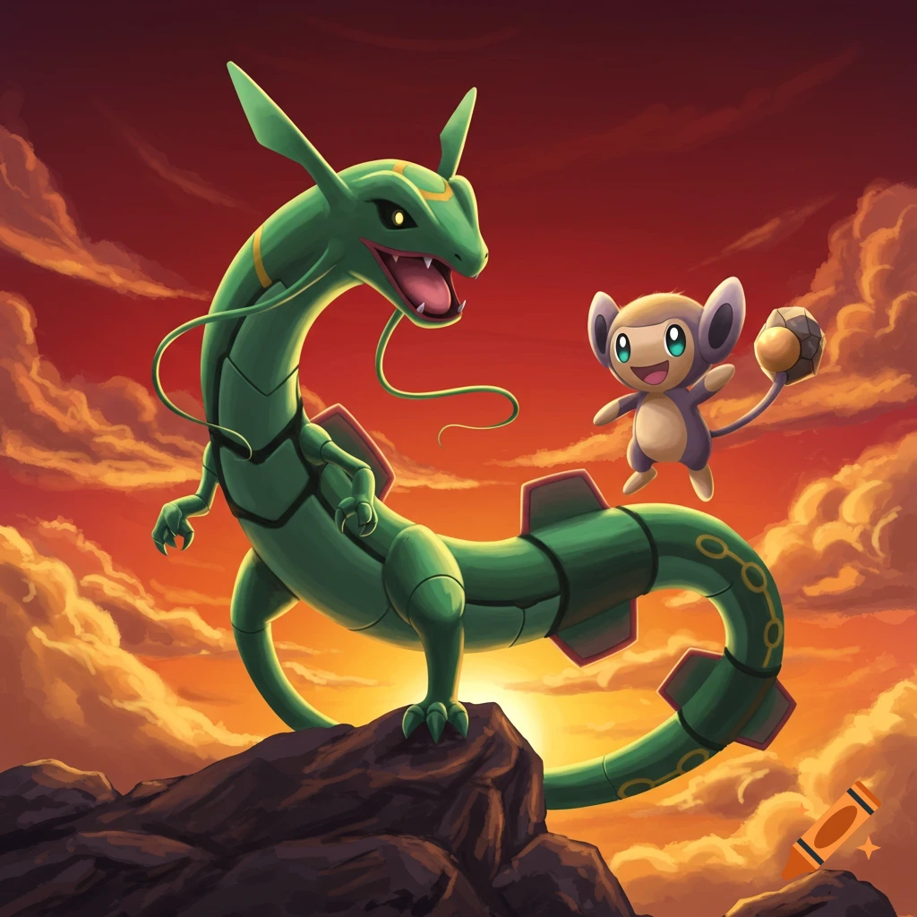 Rayquaza and Aipom on a rocky peak at sunset with an orange sky. on Craiyon