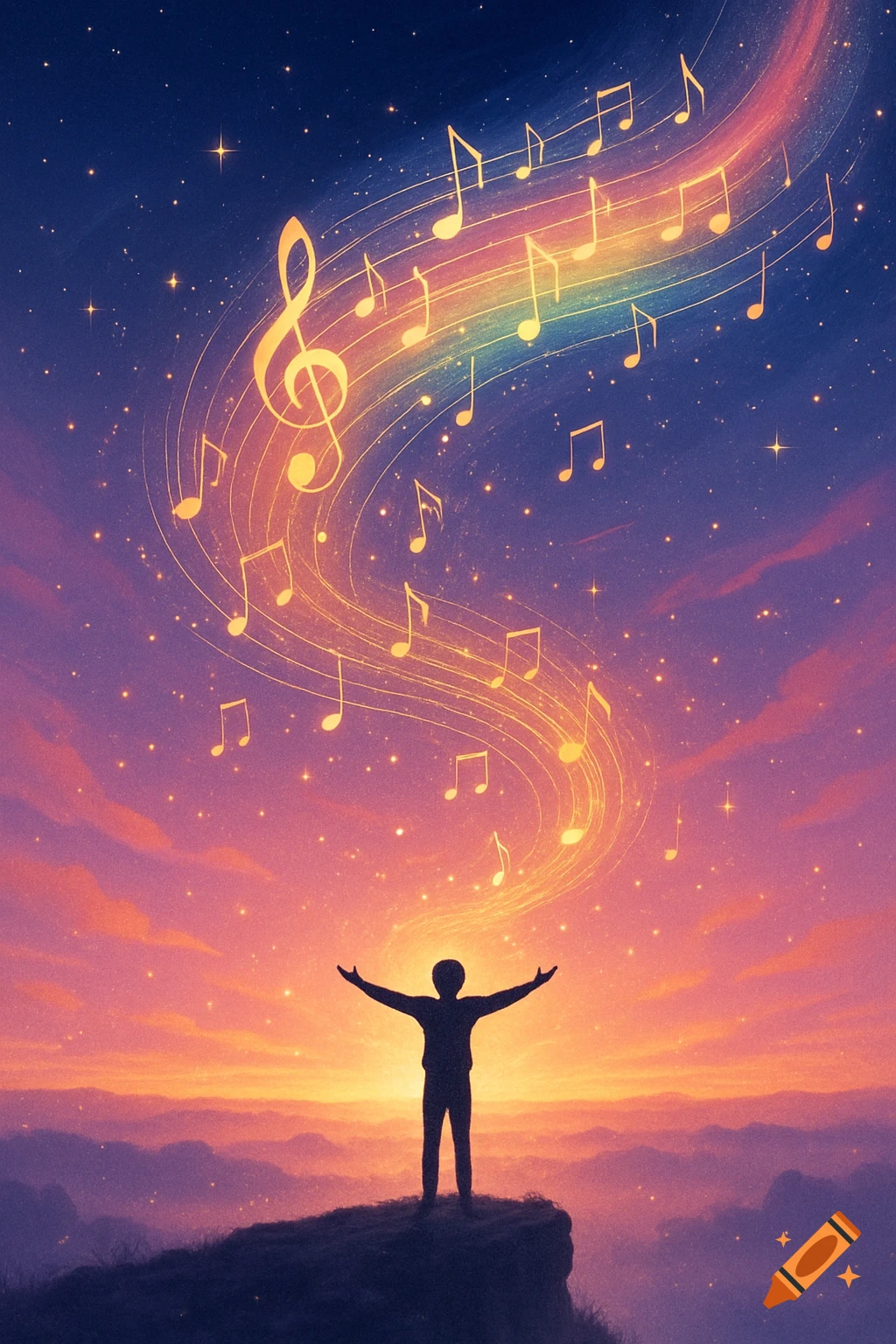 Dreamlike illustration of musicians in silhouette under a rainy sky ...