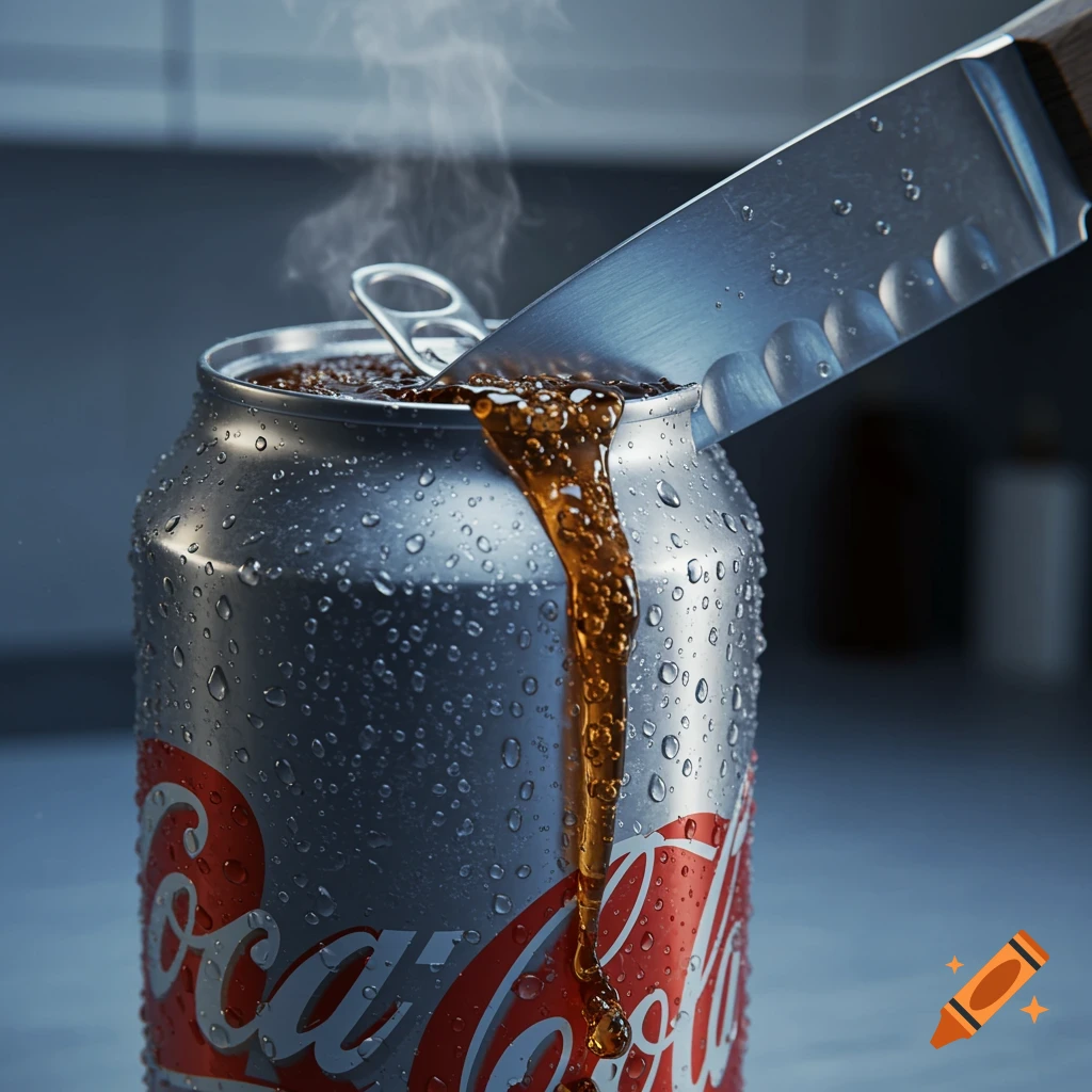 A photorealistic close-up of a cold, wet Coca-Cola can being cut open ...