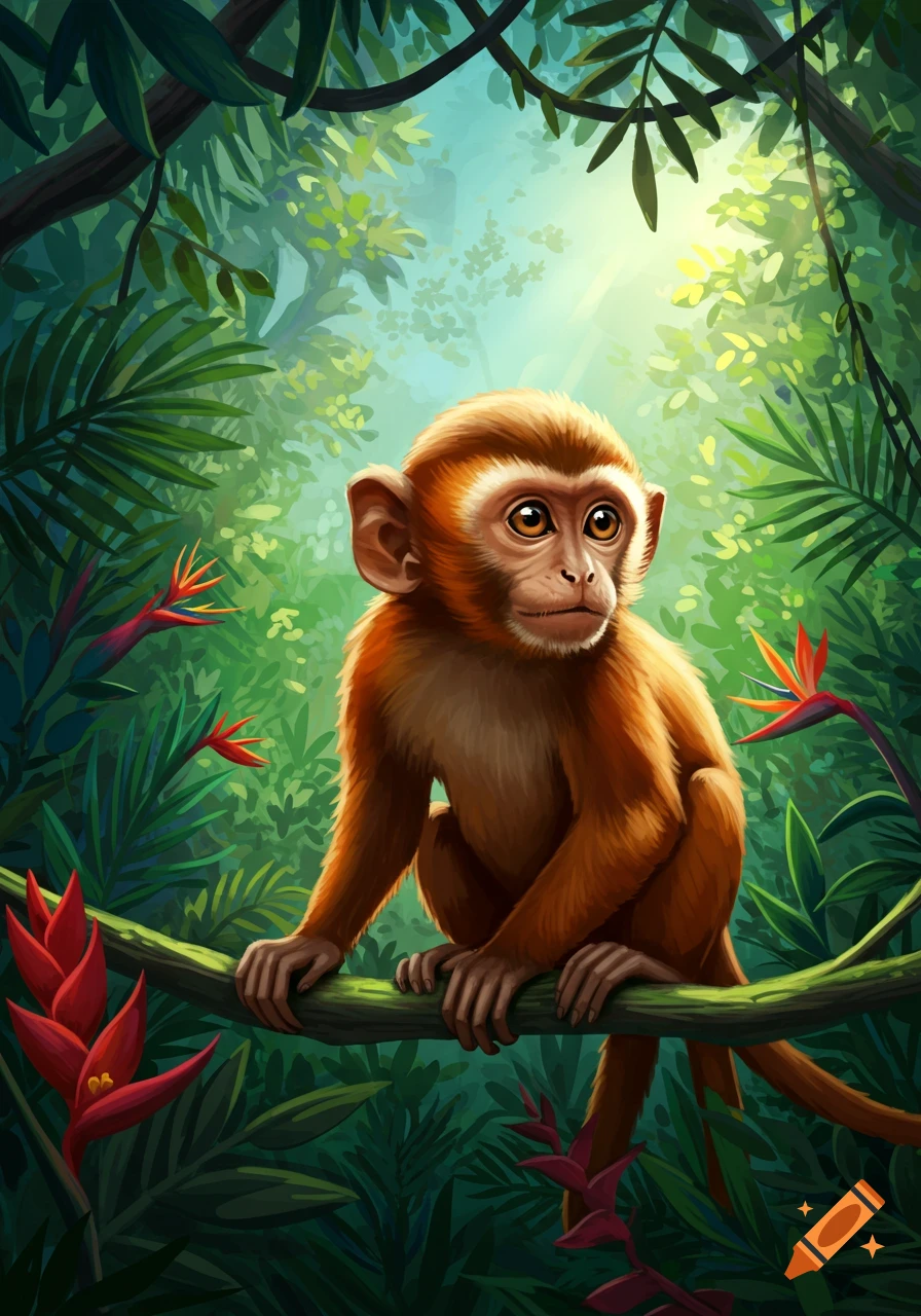 A gentle baboon cradles a small flying fox bat in a lush, rainy jungle ...