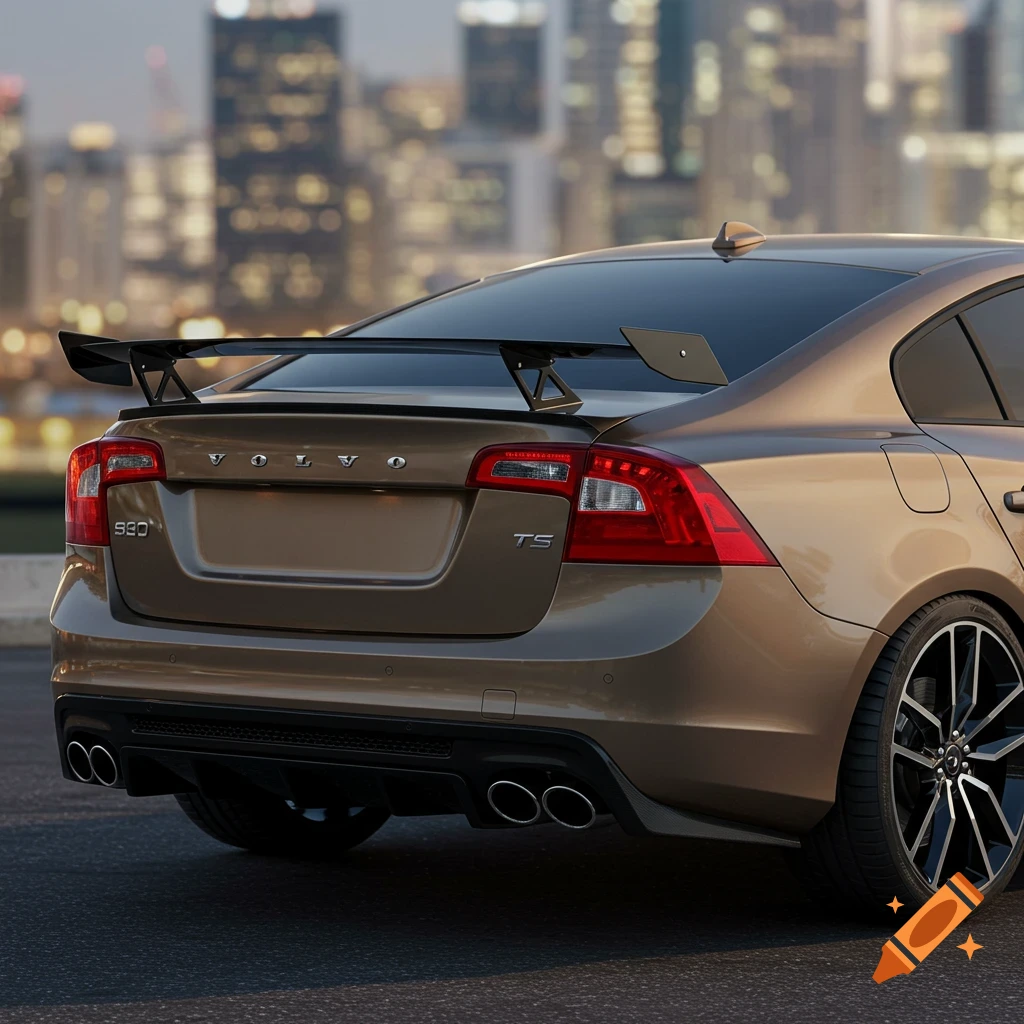 Rear view of a bronze Volvo S60 T5 sedan with a large black wickerbill ...