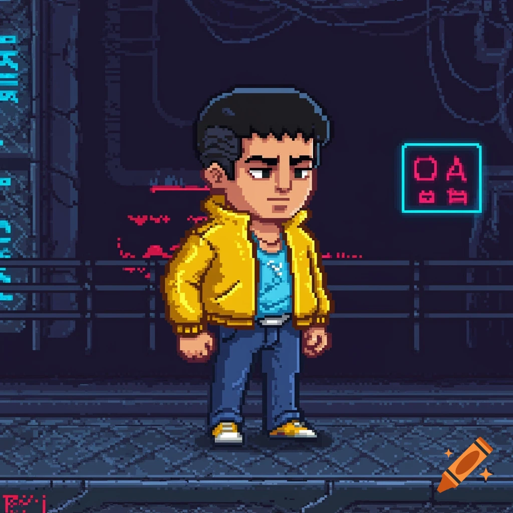 An 8-bit pixel art sprite of David Martinez, a young man in a yellow ...
