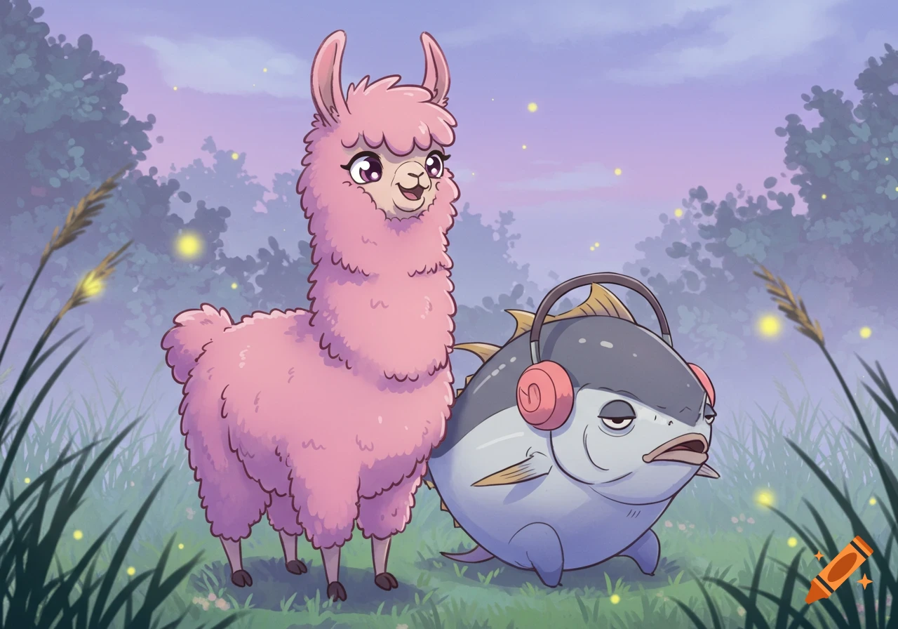 Anime style pink llama smiling next to a tuna fish wearing headphones ...