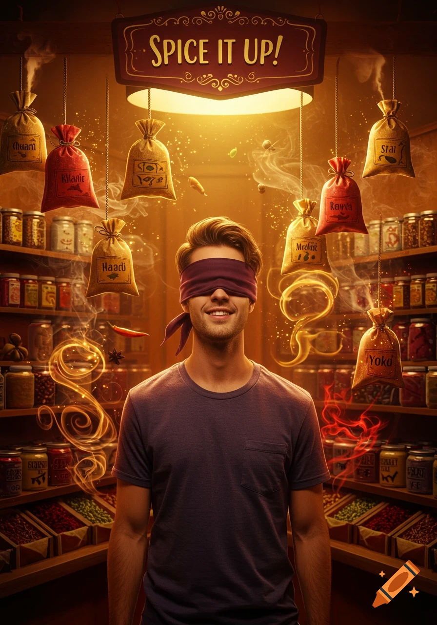 A blindfolded man smiles in a dimly lit spice shop, surrounded by glowing hanging spice bags ...