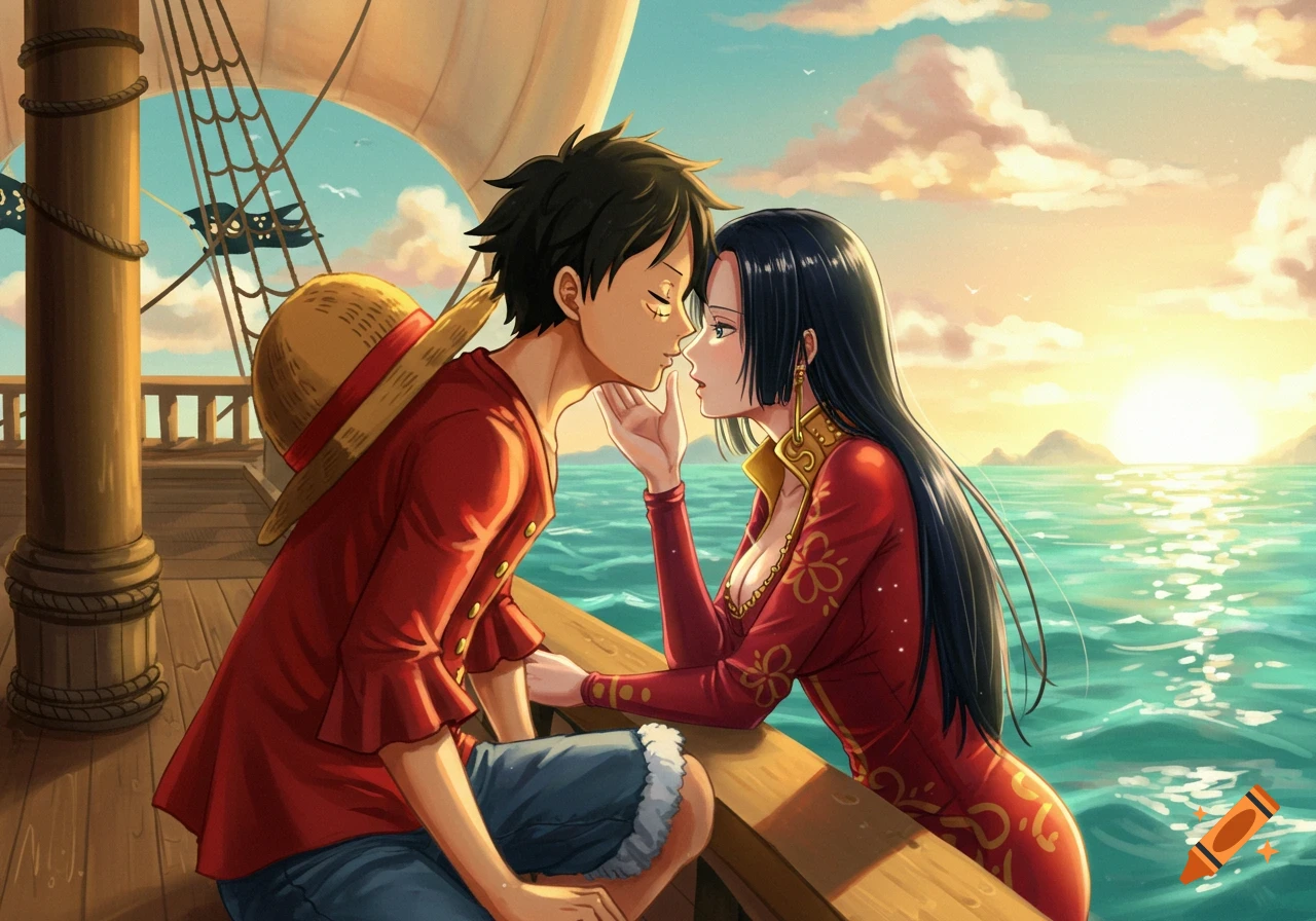 Luffy and Hancock share a kiss on a ship during a vibrant sunset over ...