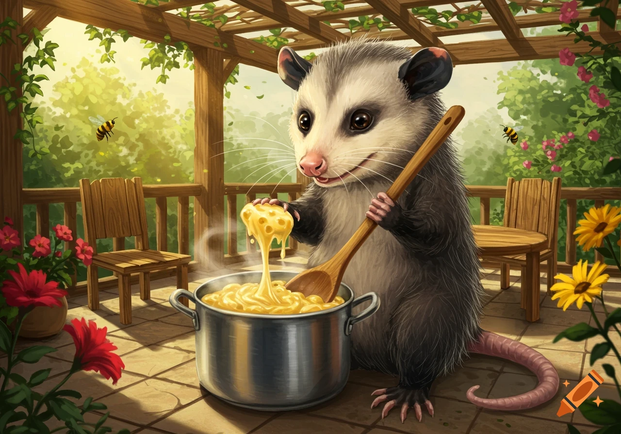 Whimsical illustration of an opossum stirring macaroni and cheese with ...