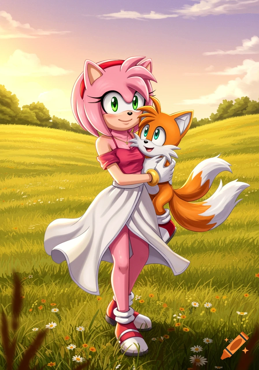 Amy Rose in a pink top and white skirt holds Tails in a golden grassy ...