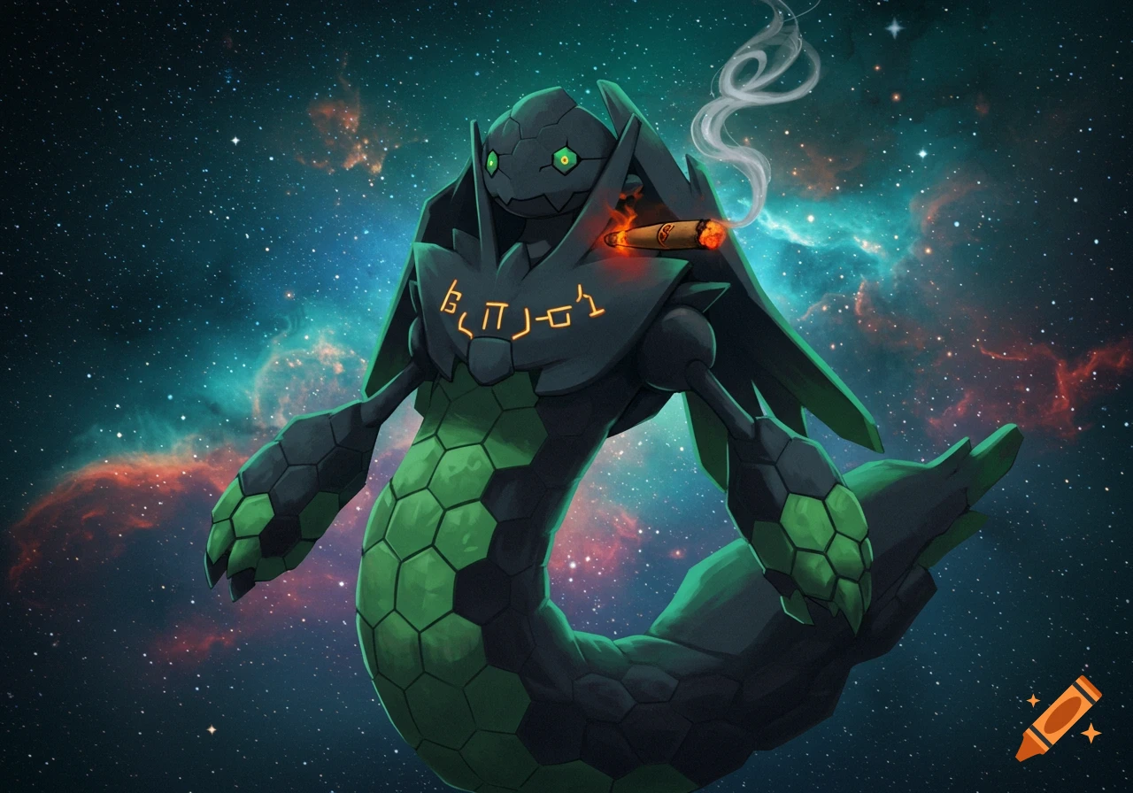A dark green, segmented creature resembling Zygarde, with glowing green ...