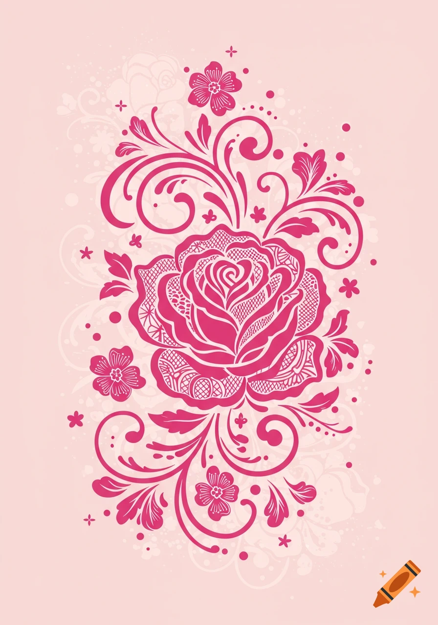 A decorative pink floral design with a large rose, swirling vines, and ...