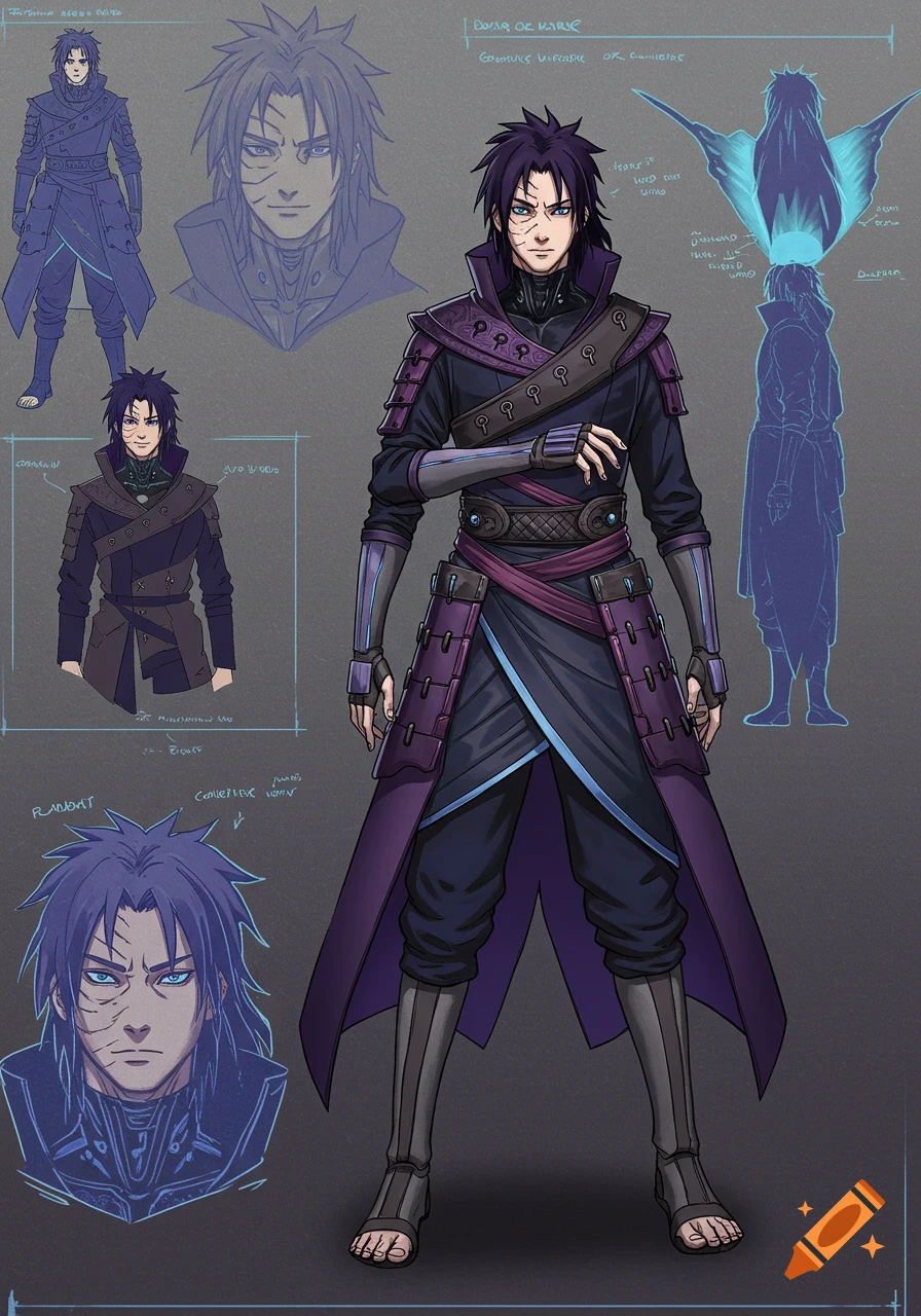 Full-body character reference sheet of a male anime character with long ...
