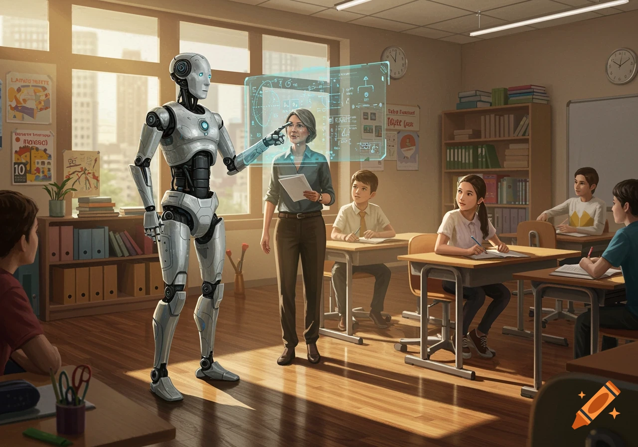 A metallic robot and a female teacher stand together in a classroom ...