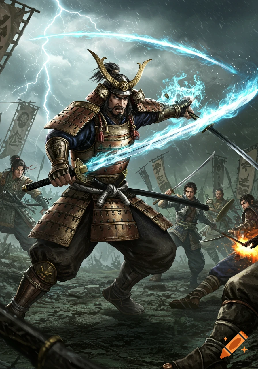 A samurai warrior with glowing blue swords battles other warriors ...