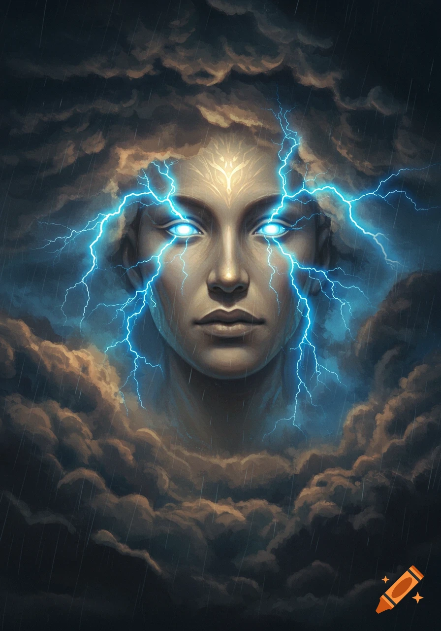 A mystical face with glowing blue eyes and lightning, surrounded by dark storm clouds and rain ...