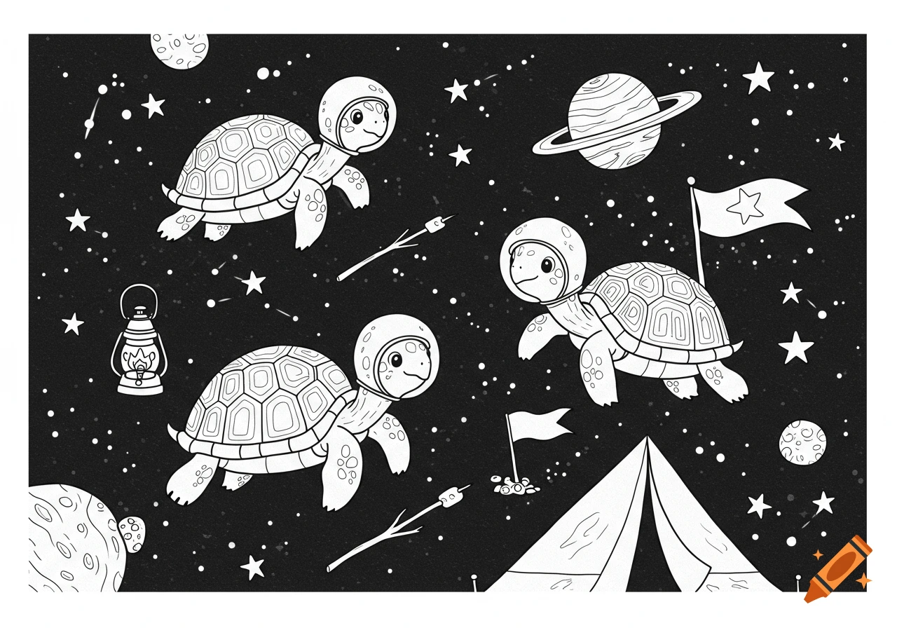 A black and white coloring sheet illustration of cartoon turtles in ...