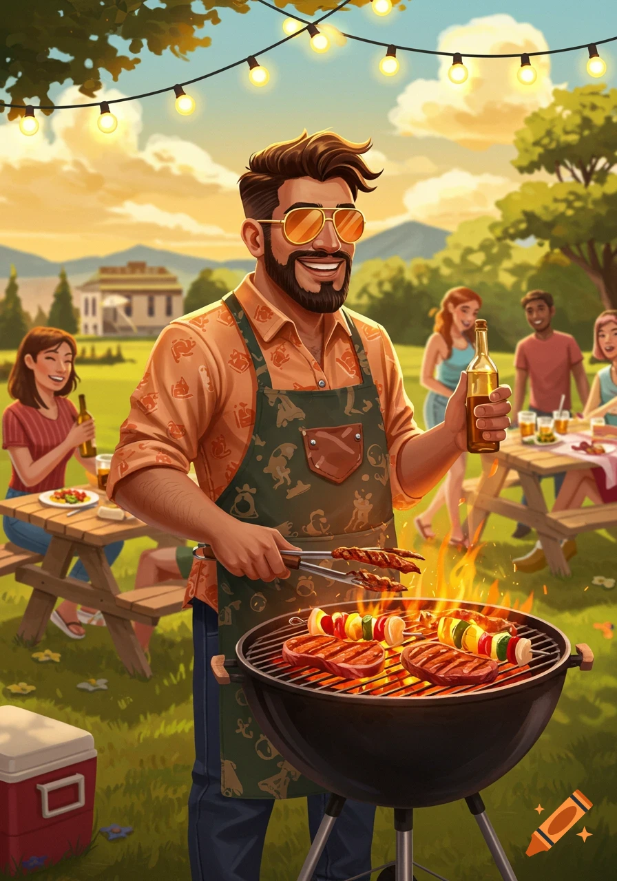An illustrated man grins while grilling meat and vegetables at a ...