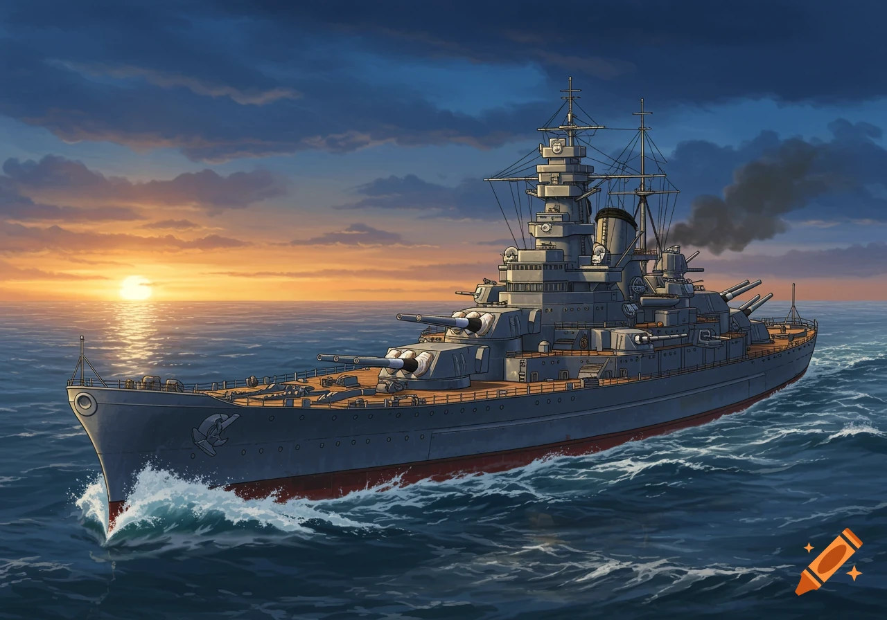 A large grey battleship with multiple gun turrets sails on a choppy ...