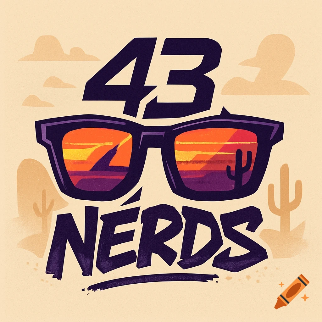 Logo illustration with dark sunglasses reflecting a desert sunset ...