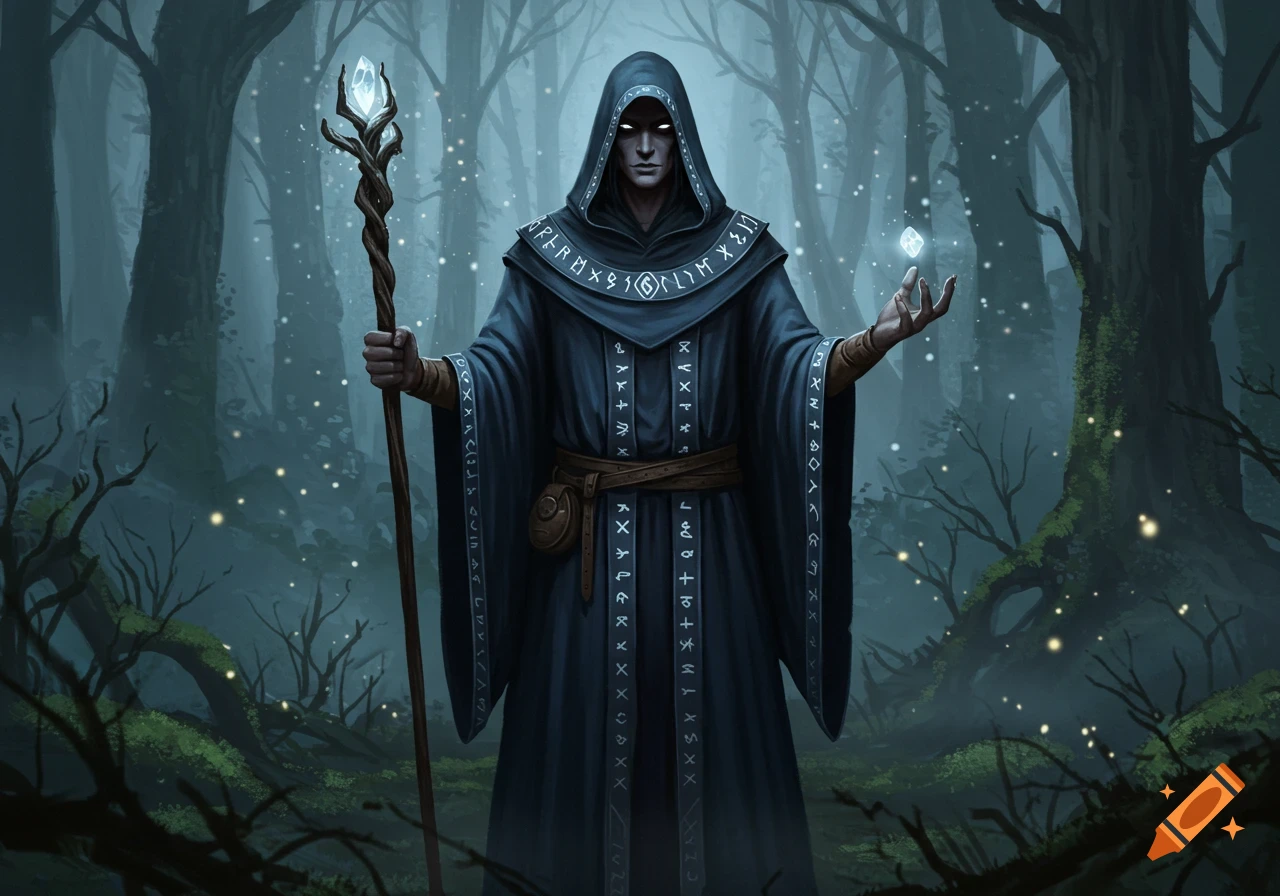 A hooded figure with glowing red eyes and a glowing red crystal staff ...