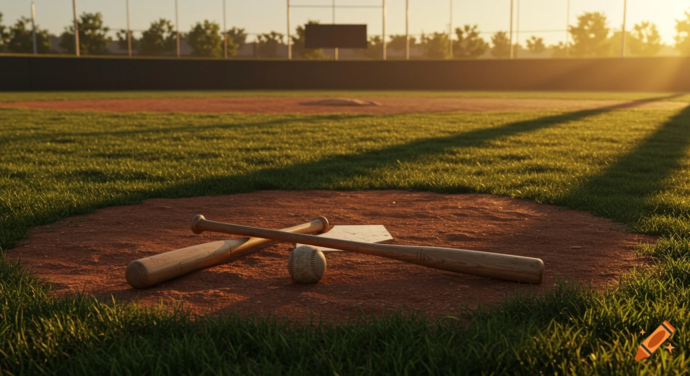 A 3D wooden stick figure holds two baseball bats on a baseball field at ...