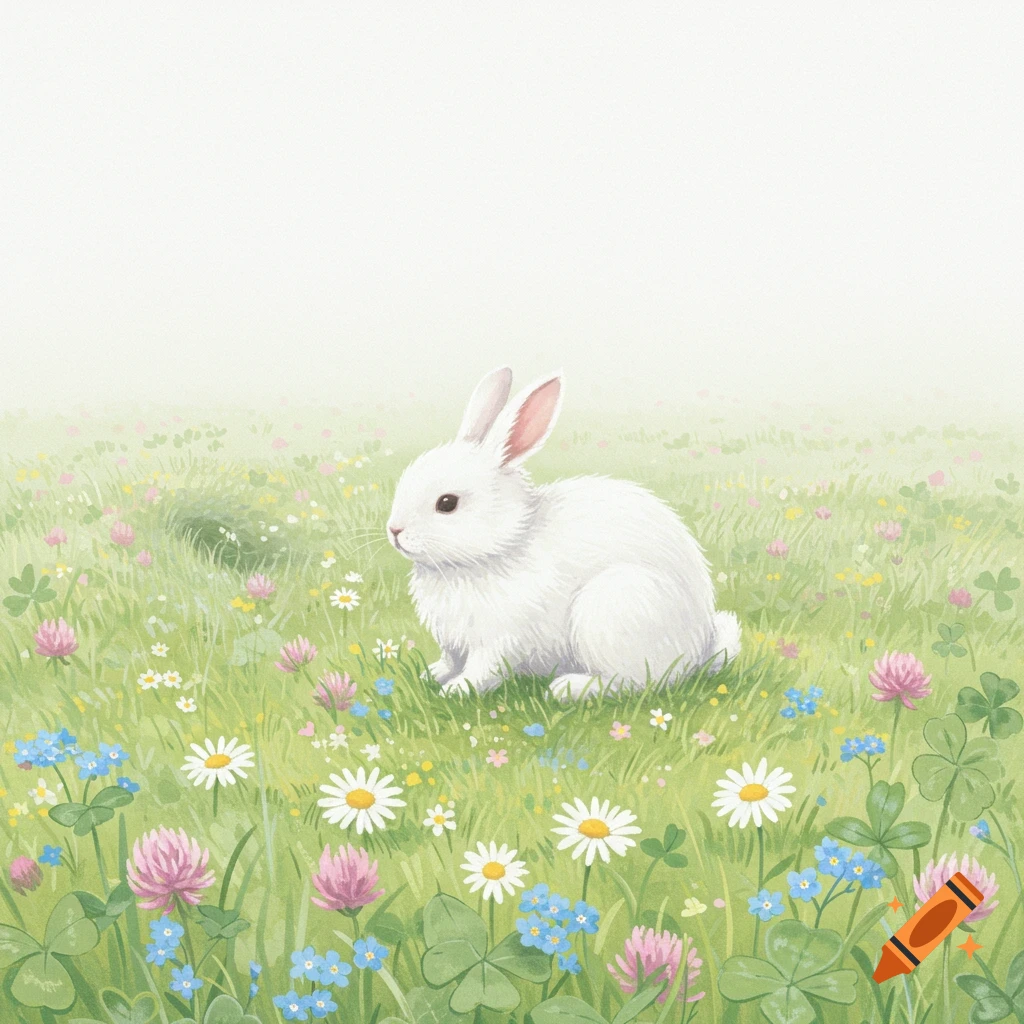 A brown rabbit sits in a field of green grass and colorful wildflowers ...