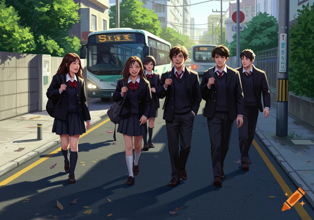 Anime depiction of students in dark uniforms walking on a street with ...
