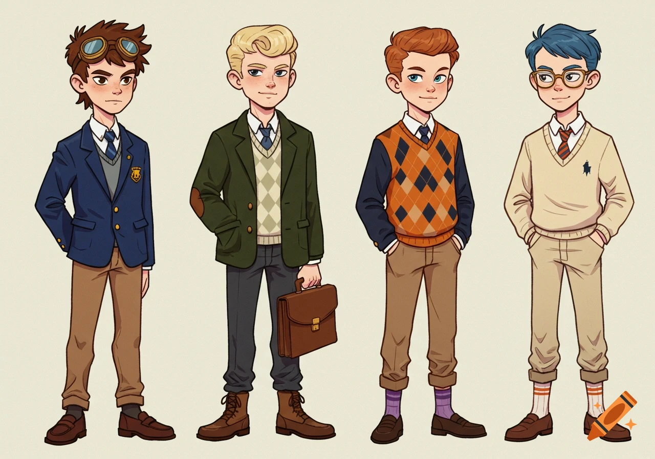 Four cartoon boys in preppy school uniforms stand facing forward, each ...