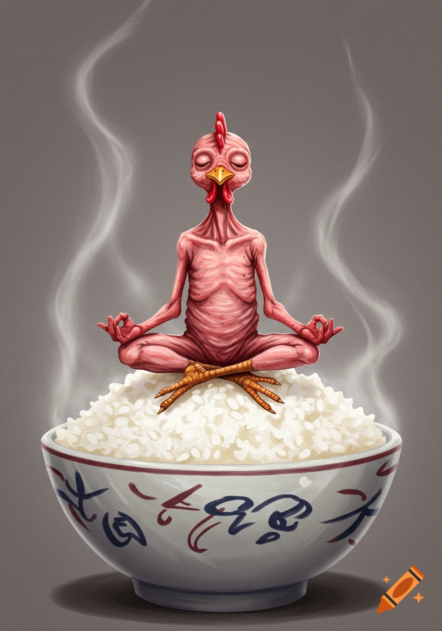 A stylized illustration of a skinny, featherless chicken meditating on ...