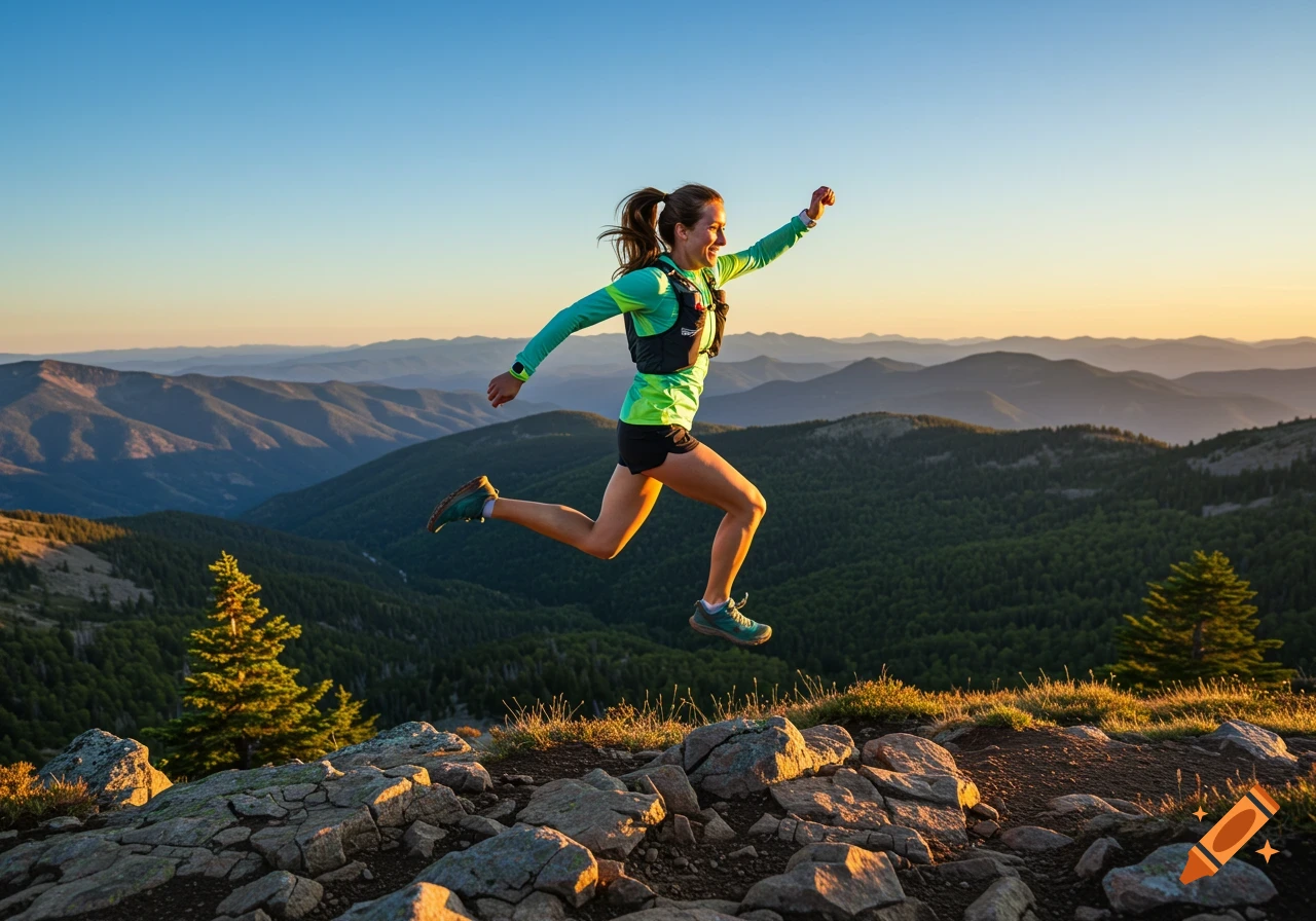 A female trail runner jumps joyfully on a mountain ridge at sunset ...