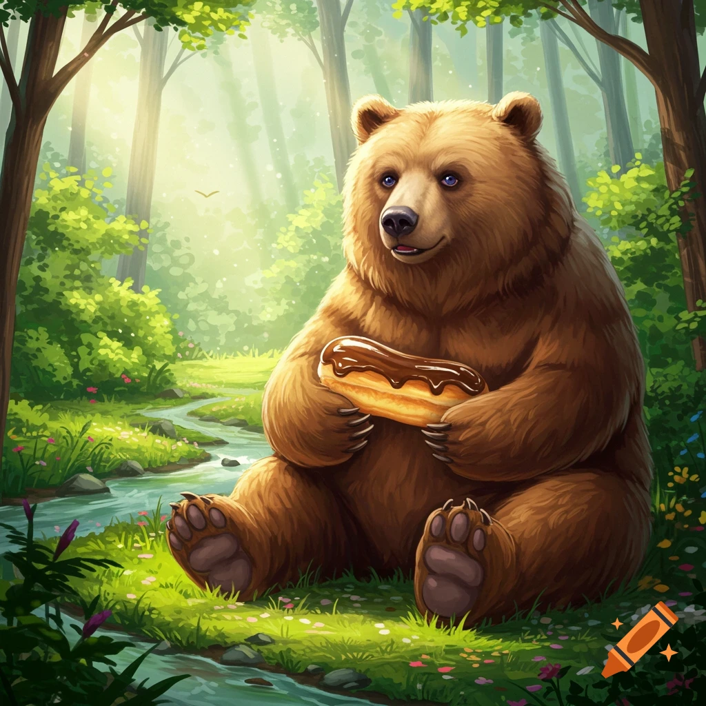 A cute bear cub sits under a blossoming tree, reaching up to a ...