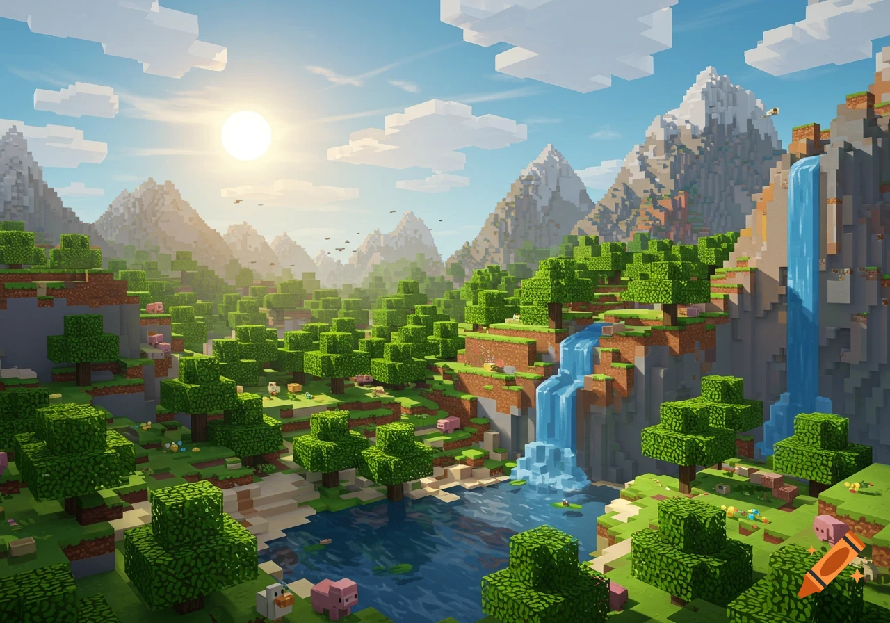A vibrant Minecraft fantasy landscape with towering blocky castles ...