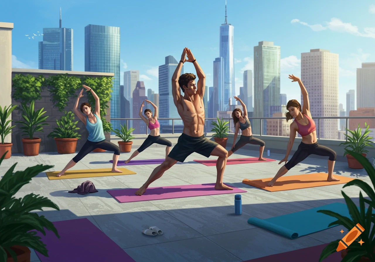 Three diverse people stretching and doing yoga poses on mats in a gym ...