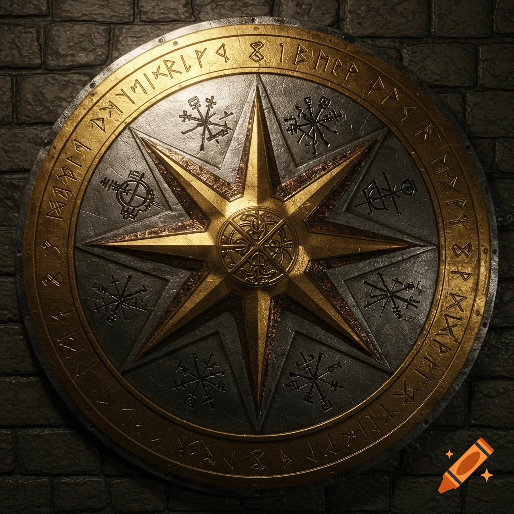 A circular shield with a prominent gold and silver star design and an ...