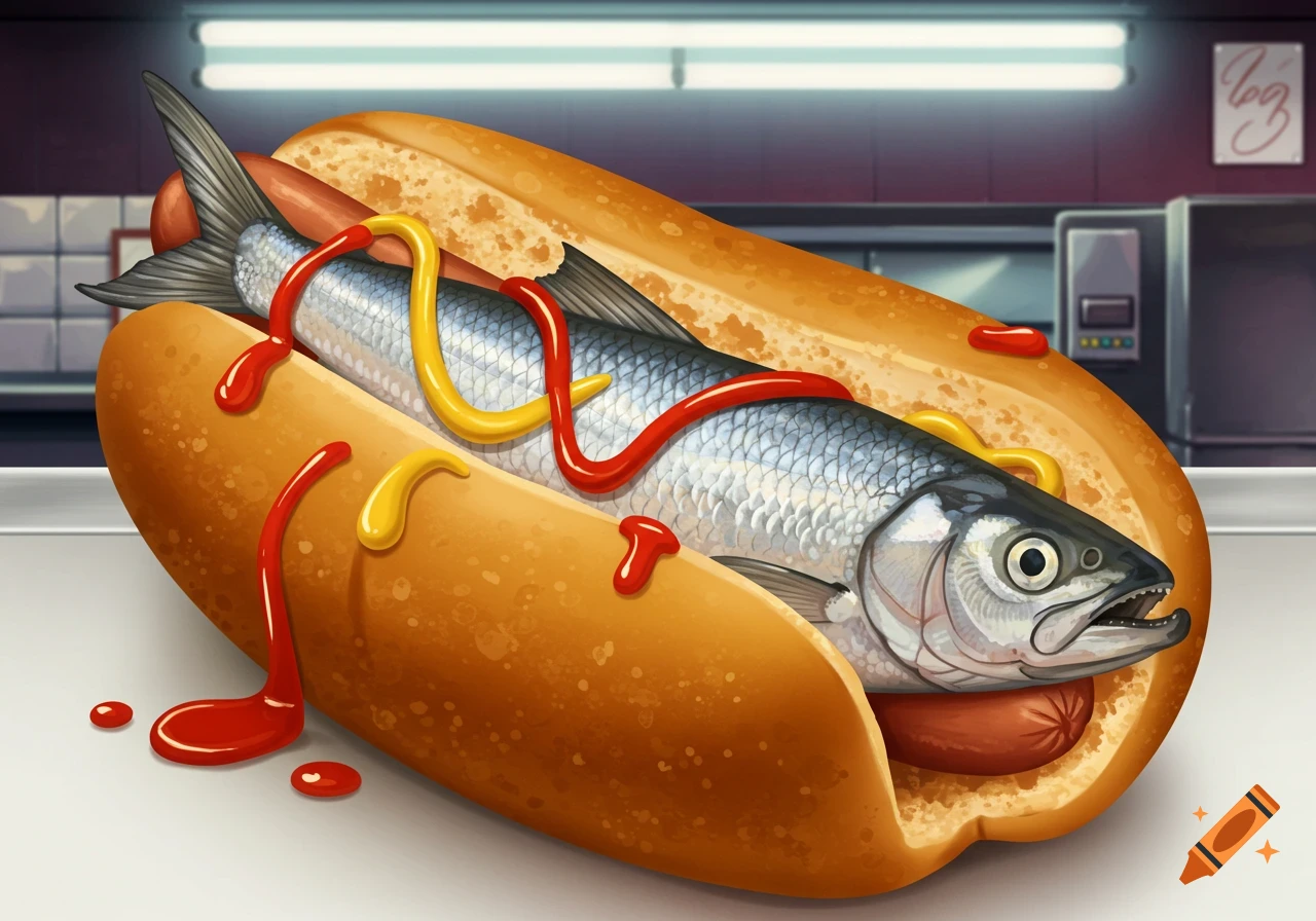 Illustration of a gizzard shad fish served in a hot dog bun with ...