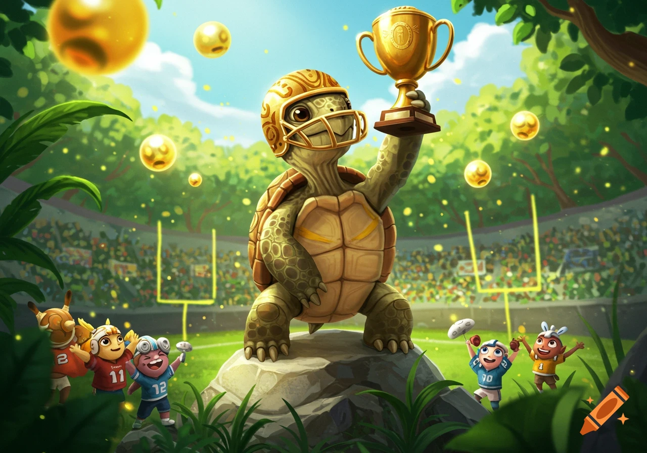 A cartoon turtle in a football helmet holds a golden trophy high in a ...