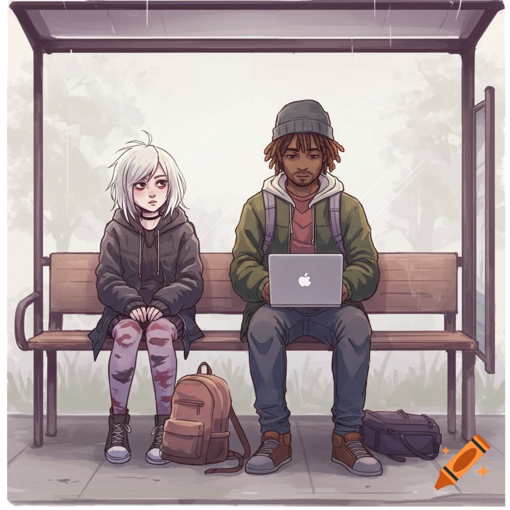 Anime illustration of an emo woman and a man with dreadlocks sitting on ...
