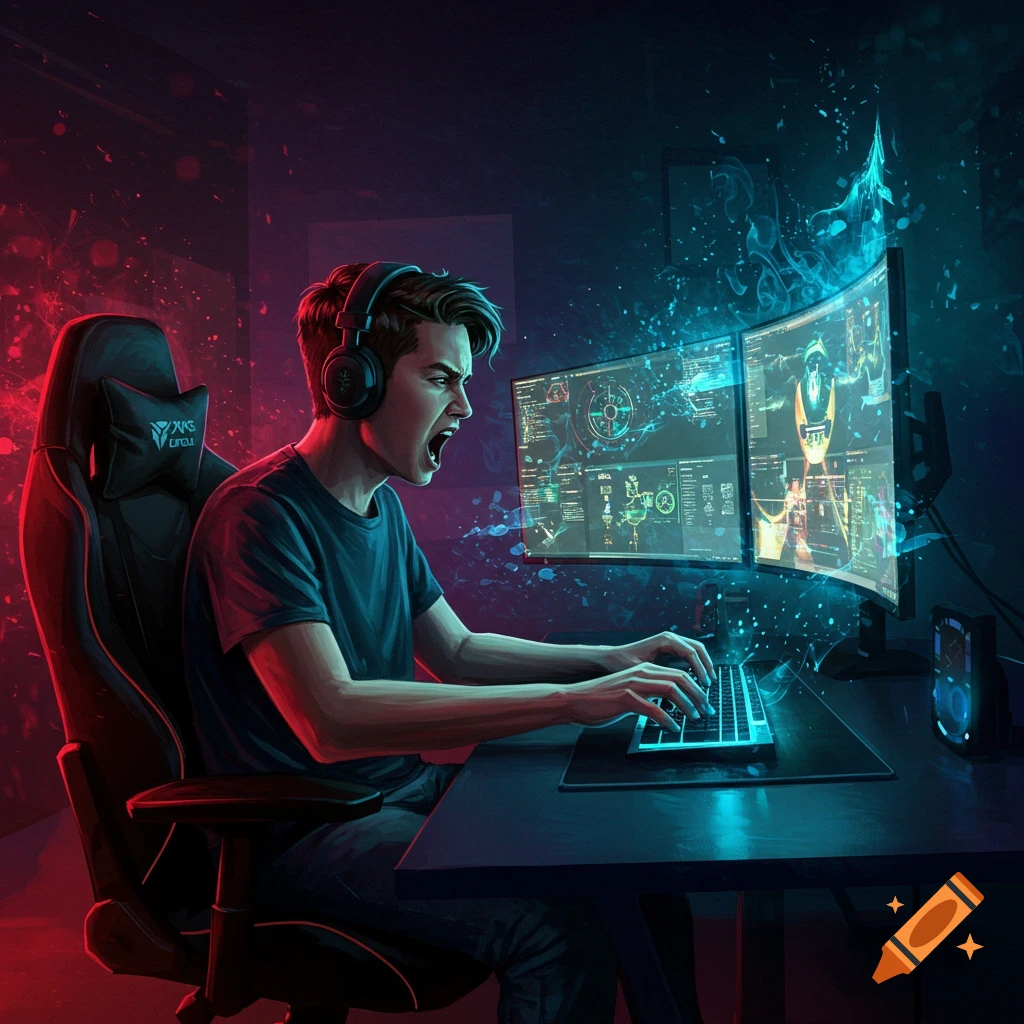 A young person with headphones intensely types on a glowing keyboard ...