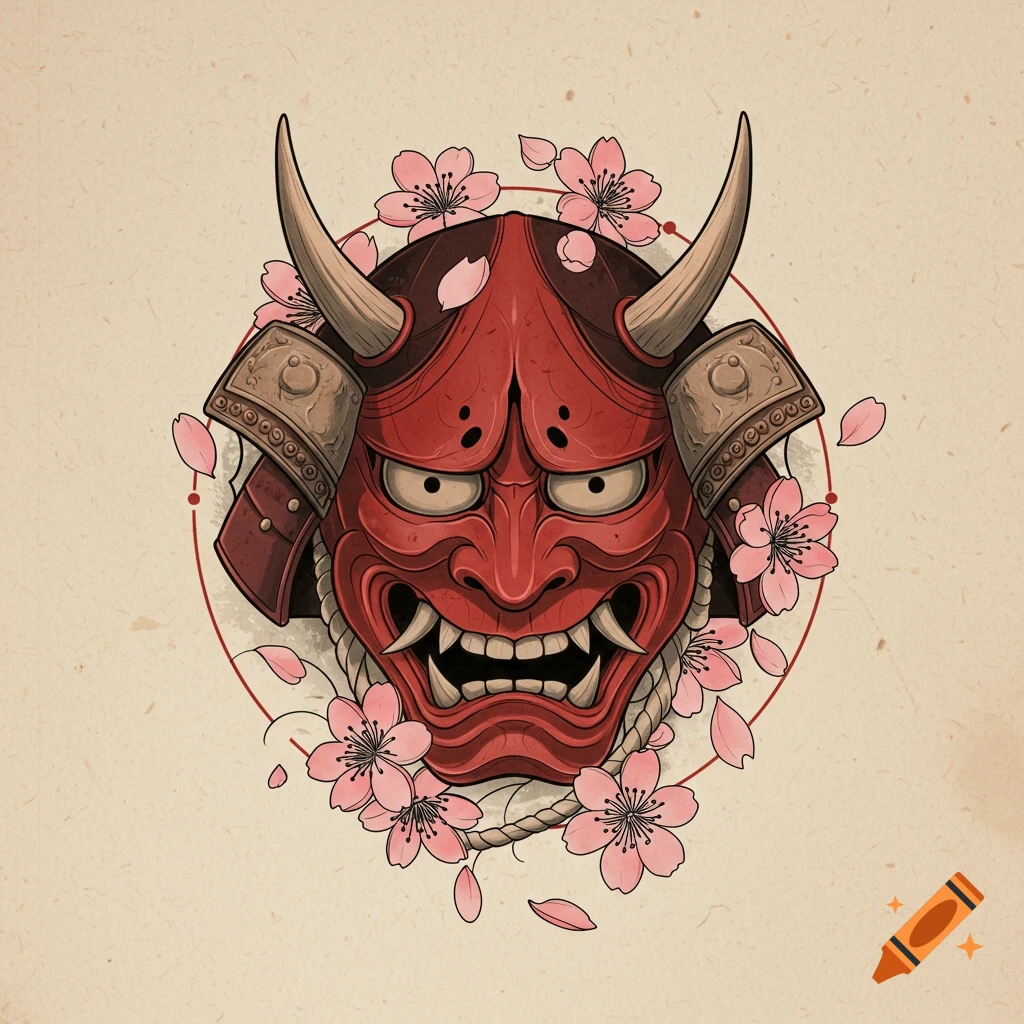 A stylized red and gold Japanese oni mask with horns and fangs ...
