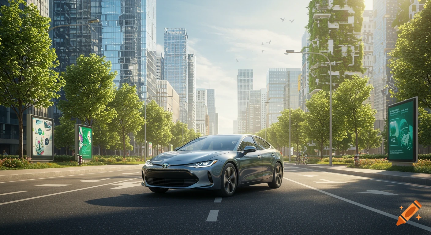 A modern gray hybrid car drives on a clean road through a futuristic ...