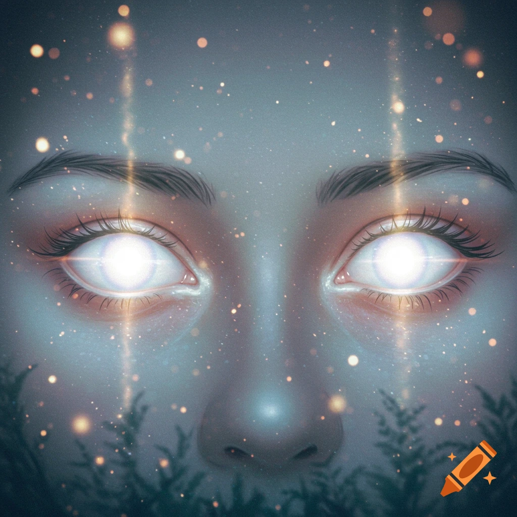 Close-up of a person's face with luminous white eyes, surrounded by ...