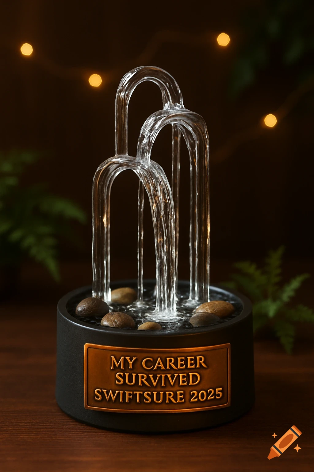 A photorealistic desktop water feature with clear glass tubes and a ...