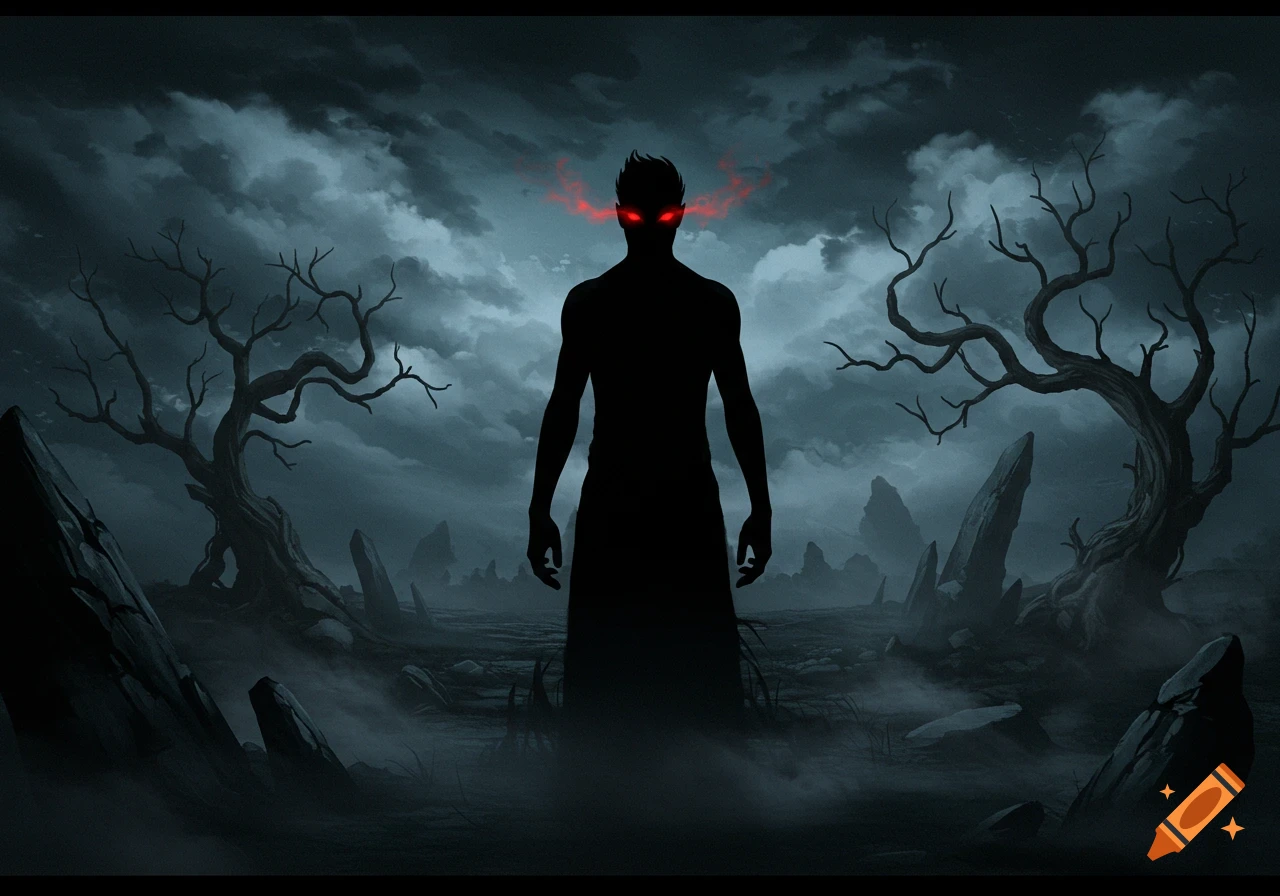 A dark, shadowy creature with glowing white eyes stands in a desolate, foggy forest of bare ...