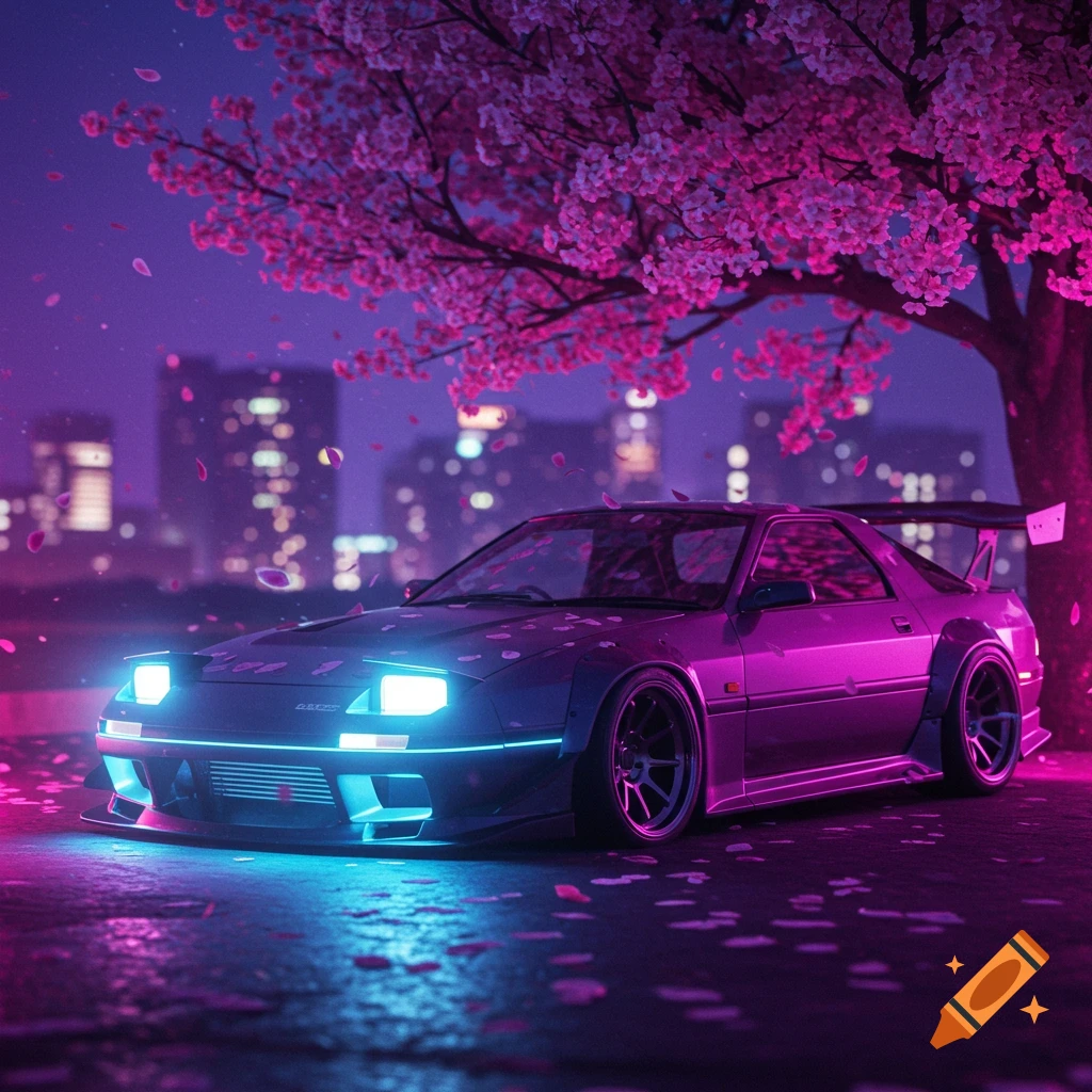 A synthwave Mazda RX-7 with a wing parked under a pink cherry blossom ...