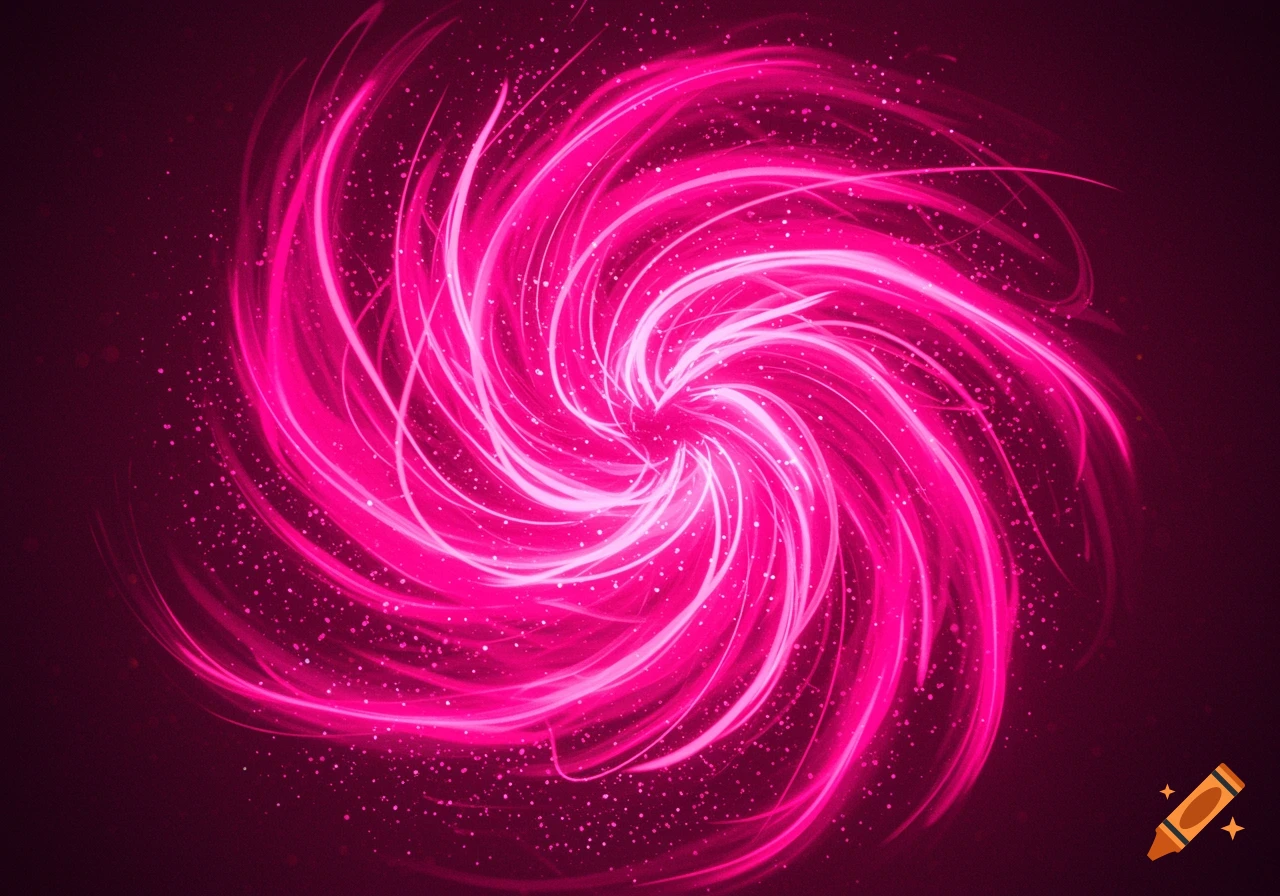 Vibrant pink swirling light vortex with small particles against a dark ...